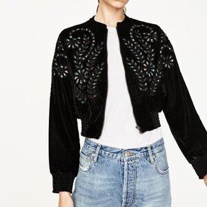Zara | Jackets & Coats | Zara Velvet Eyelet Cut Out Bomber Jacket Size ...